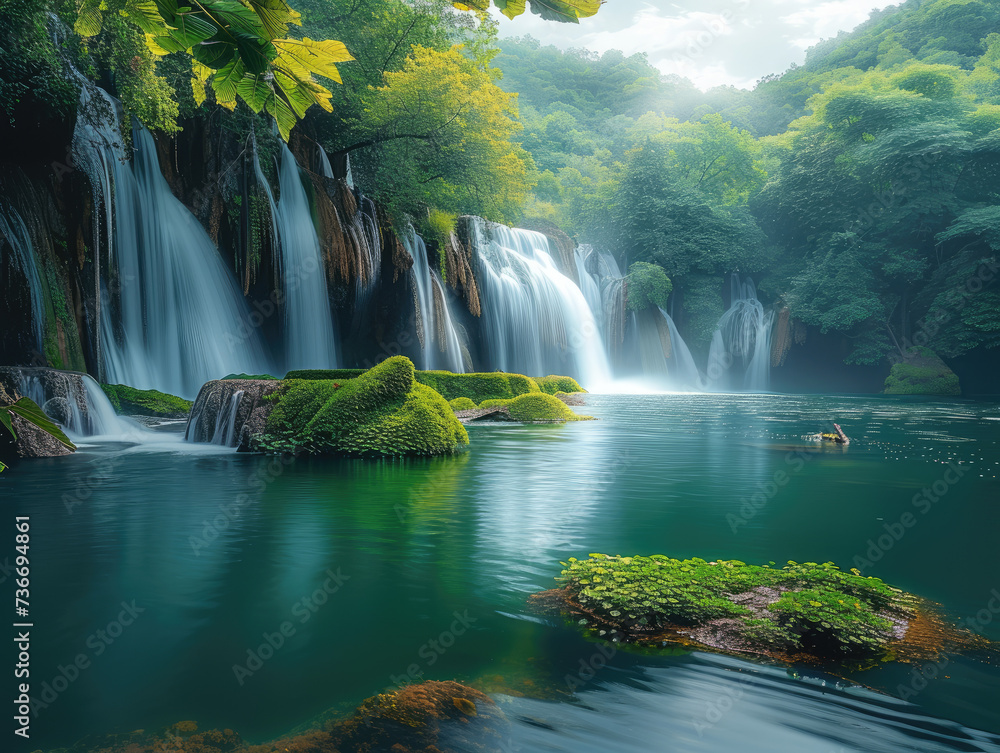 A tranquil spring oasis, the cascading waterfall enveloped by lush ...