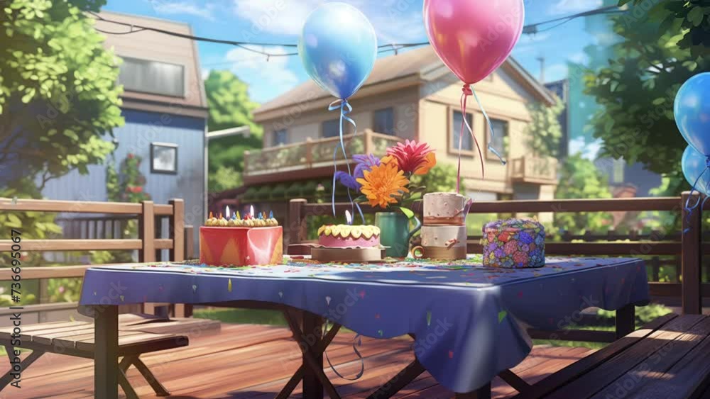 Animated illustration of a birthday party with cake and gifts, in front ...