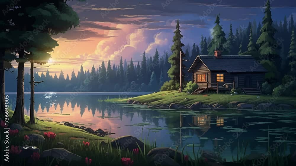 Vidéo Stock Animated illustration of a traditional house by the lake ...