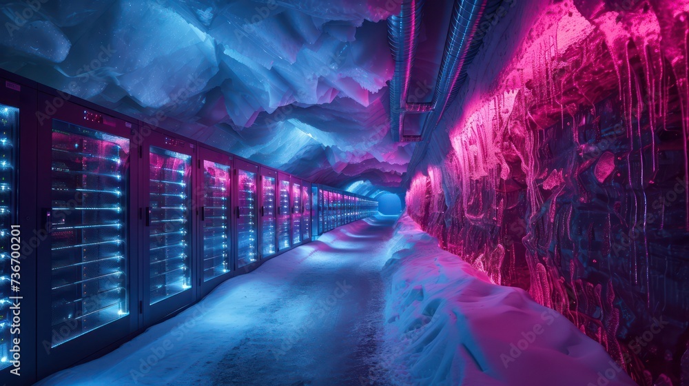 Arctic cooling system in a server farm with polar winds channeled through ice caverns to cool ...