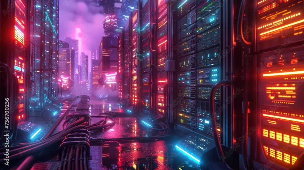 Cyberpunk data center with holographic interfaces and neon-lit server ...