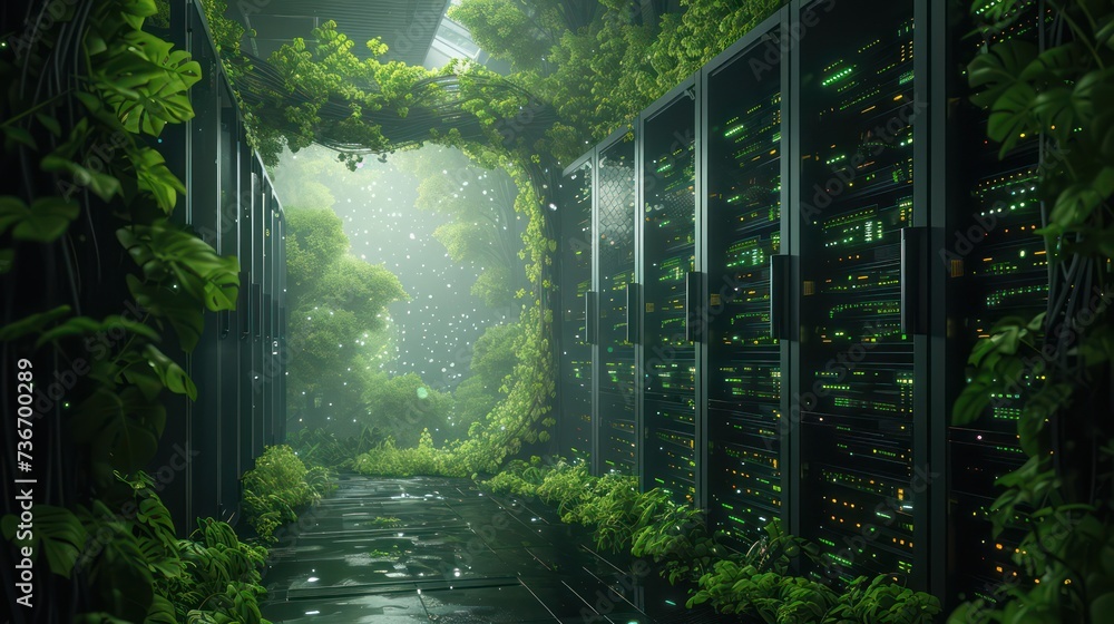 Eco-friendly server room nestled in a lush forest with vines ...