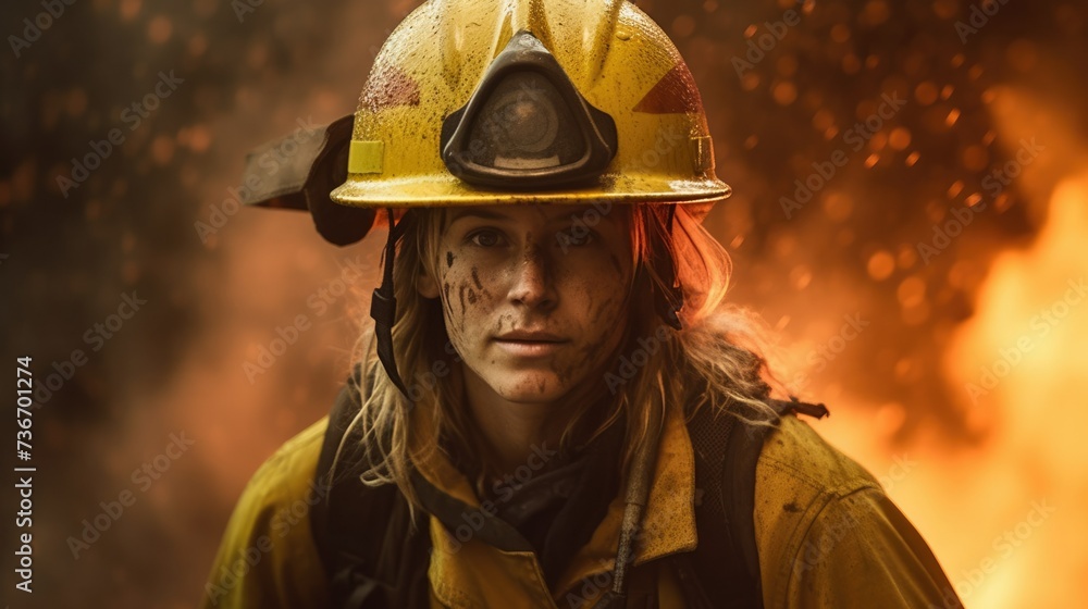 Female firefighter surrounded by fire. Woman saving lives and putting ...