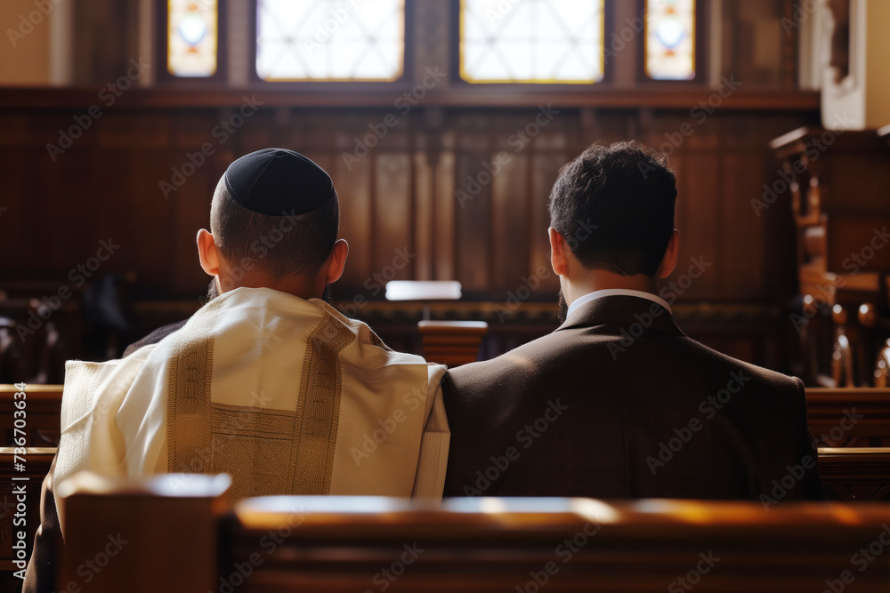 In a religious orthodox synagogue, Jewish men praying in tallit AI ...