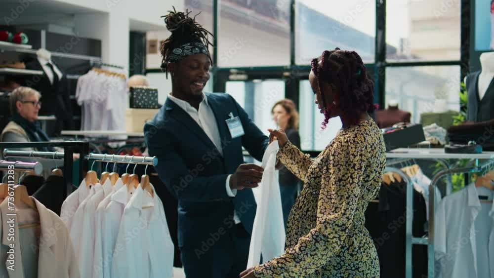 Retail assistant showing new clothing collection to customer ...