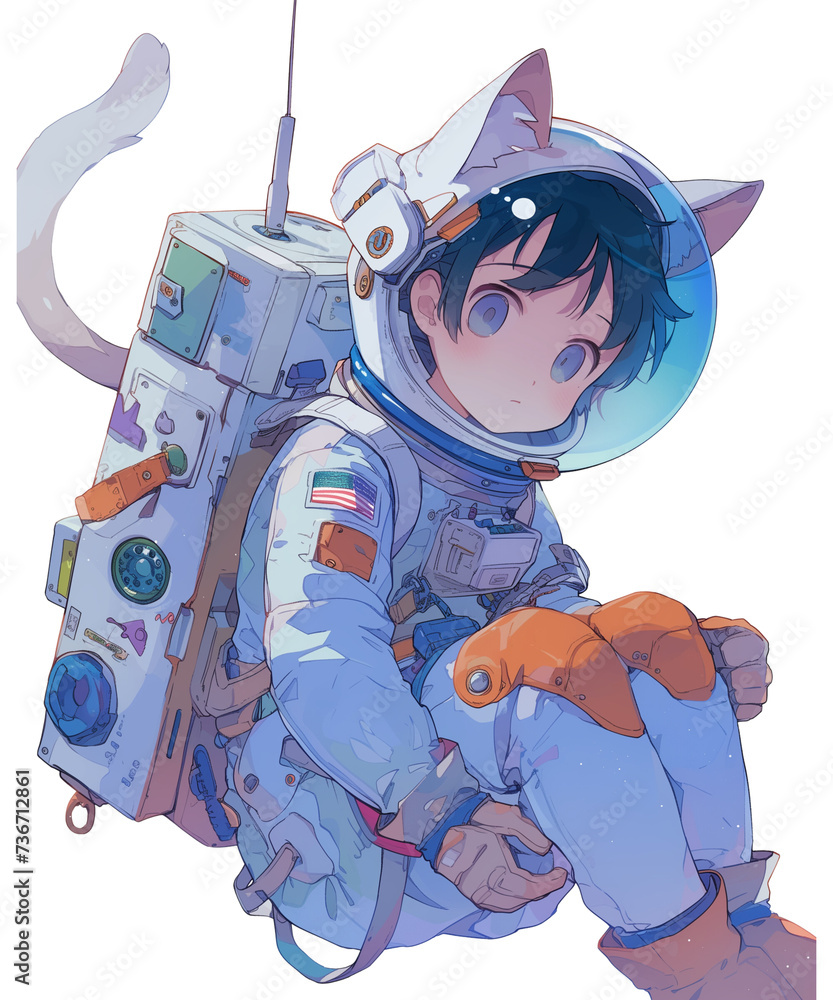 A heartwarming illustration of a young anime space cadet with cat ears ...