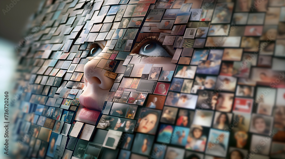 Child face emerges from a mosaic of varied social media post images ...