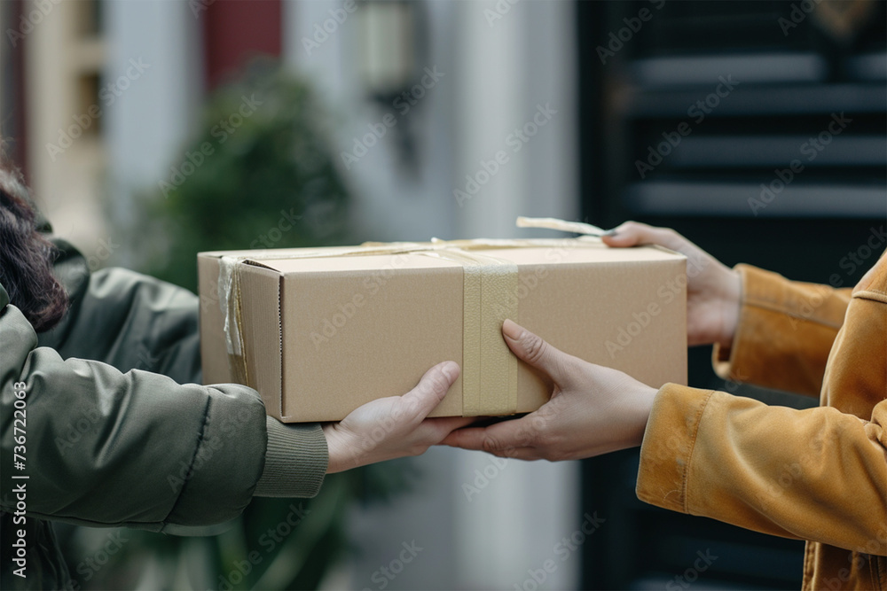 Woman hand accepting a delivery of boxes from deliveryman .Close-up of ...