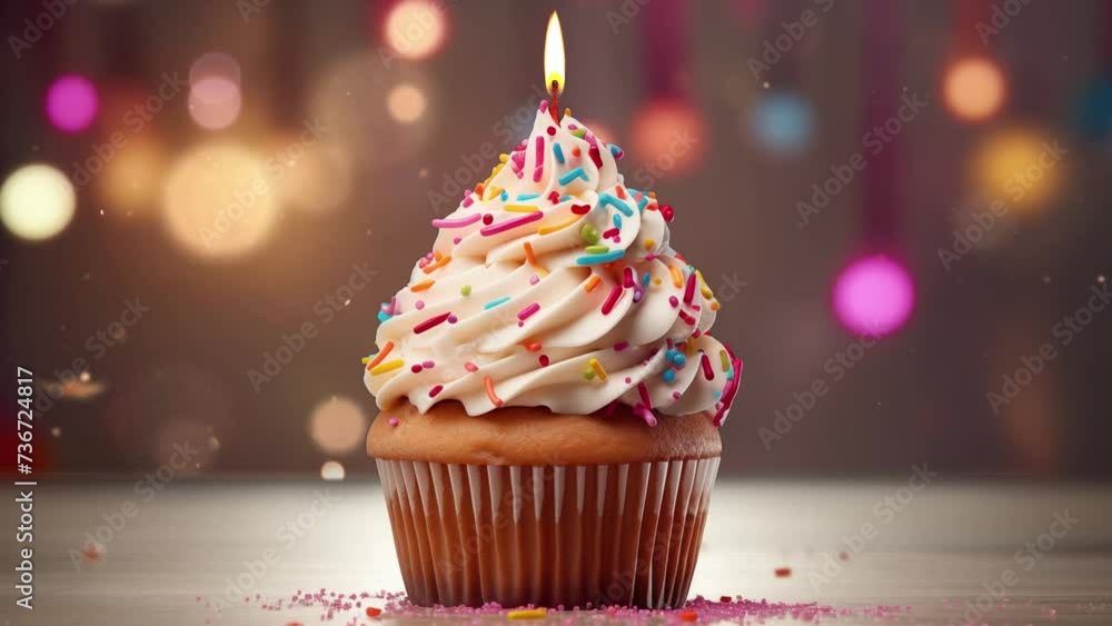 birthday cupcake with blurred lights background . cupcake with candle ...