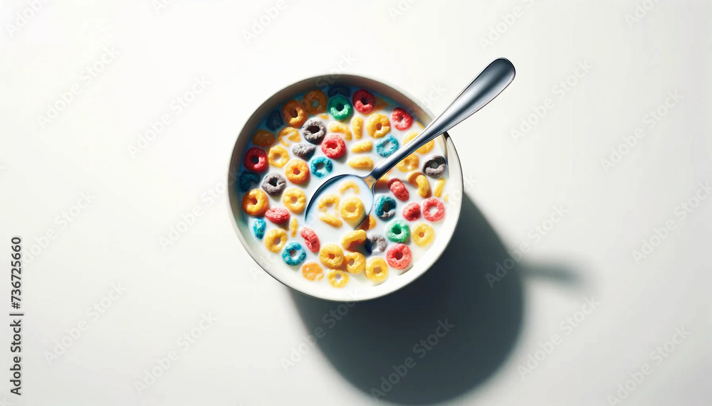 A top-down view of a bowl of cereal capturing the colorful cereal ...