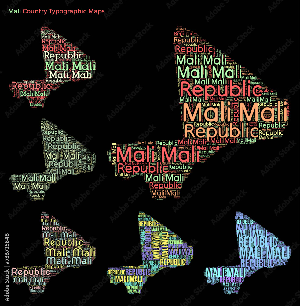 Mali. Set of typography style country illustrations. Mali map shape ...