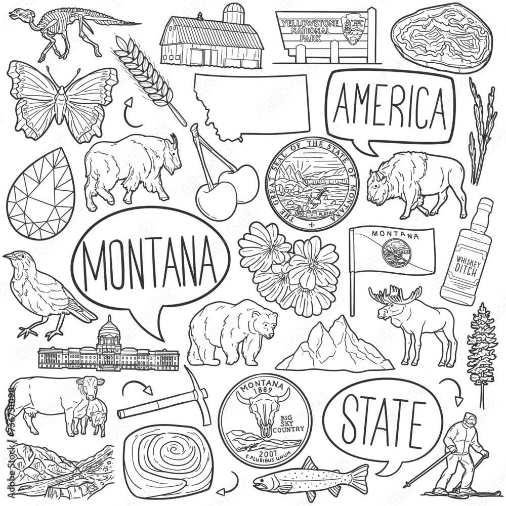 Montana Doodle Icons Black and White Line Art. Usa State Clipart Hand ...