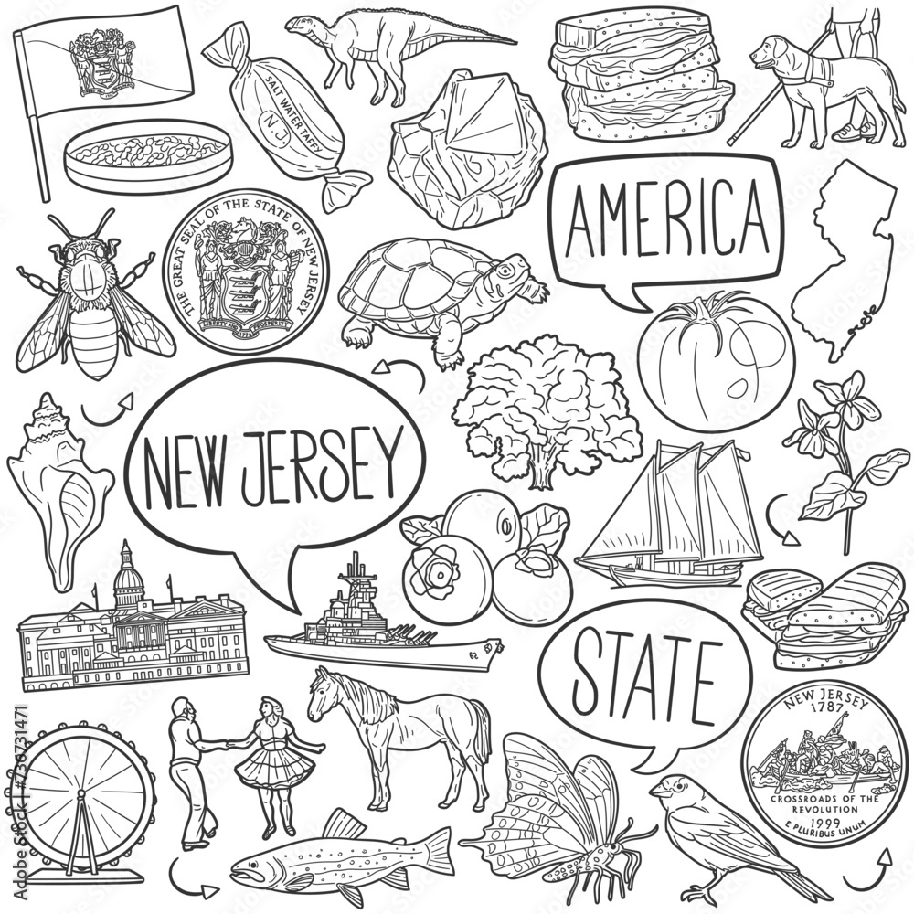New Jersey Doodle Icons Black and White Line Art. USA State Clipart ...