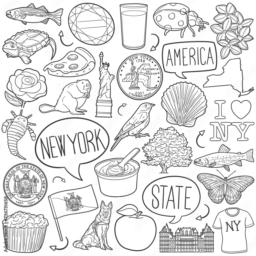 New York Doodle Icons Black and White Line Art. USA State Clipart Hand ...
