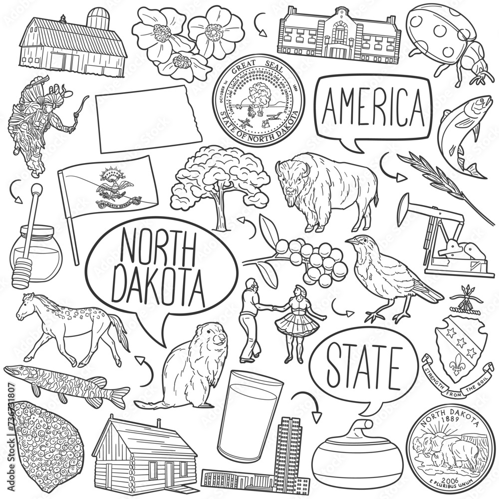 North Dakota Doodle Icons Black and White Line Art. USA State Clipart ...