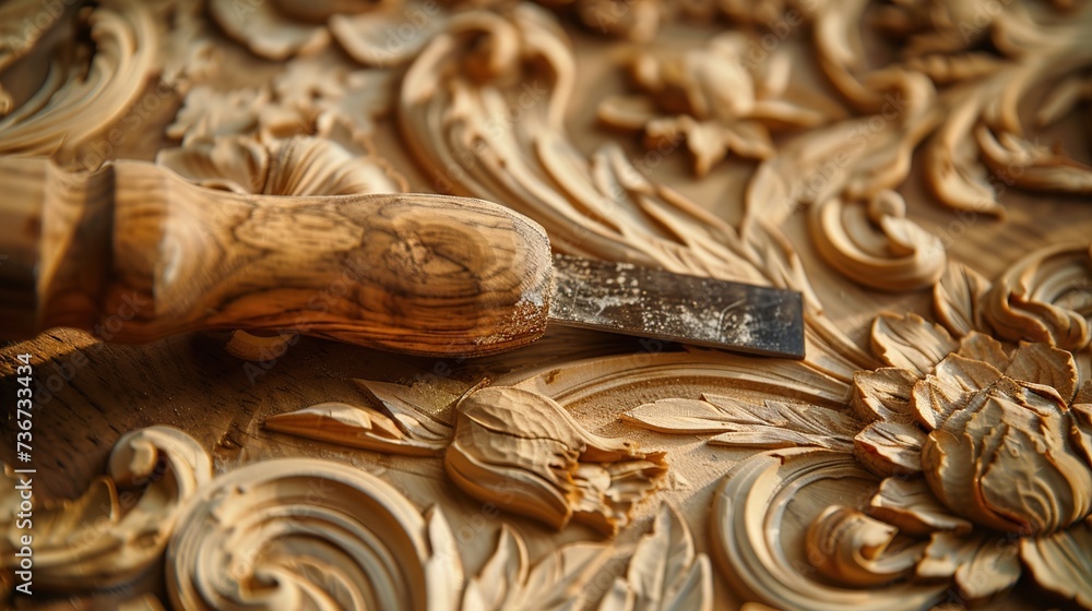 Delicate craftsmanship: a close-up of chisel work on wood, highlighted ...