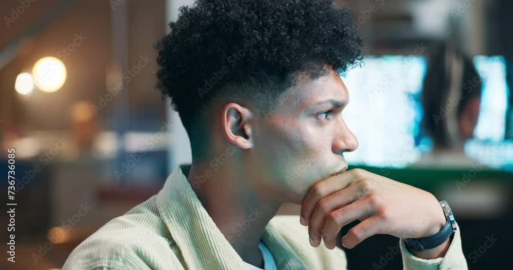 Man, thinking and working in office on connection, reading and online ...