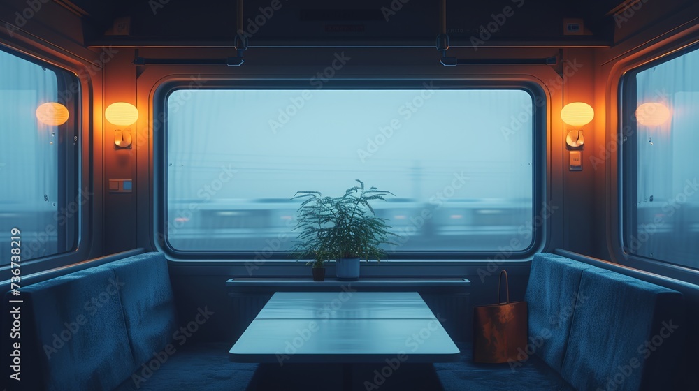 Cozy train compartment interior with warm lights and outside view in ...