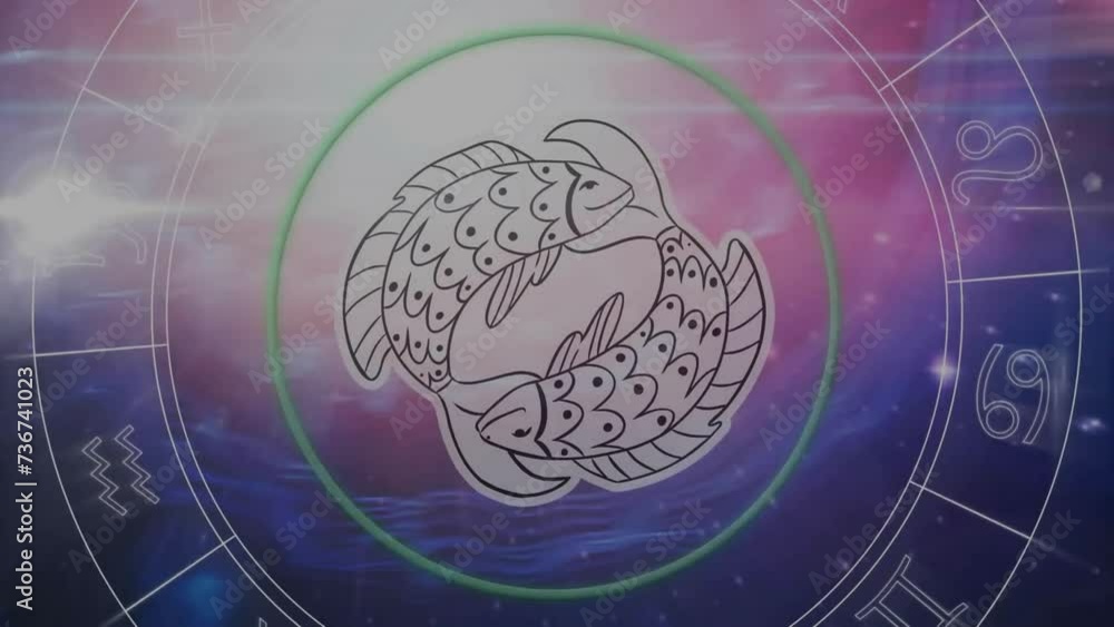 Animation of green scanner over pisces fish symbol and zodiac signs ...