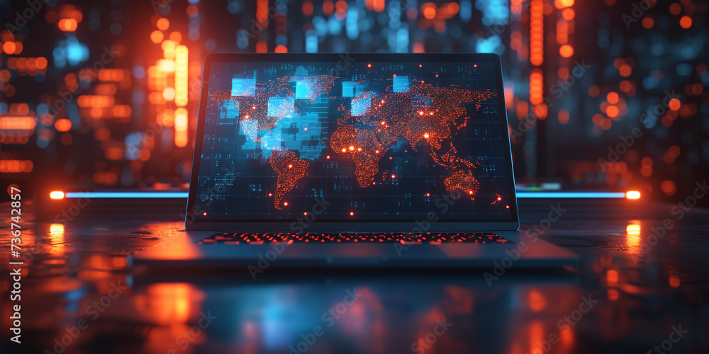 Laptop with world map for data processing Complexity graphs and ...