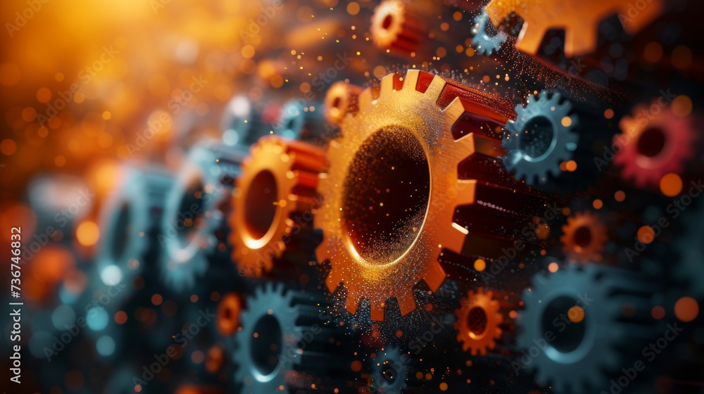 A series of interconnected gears and cogs spin and rotate representing ...