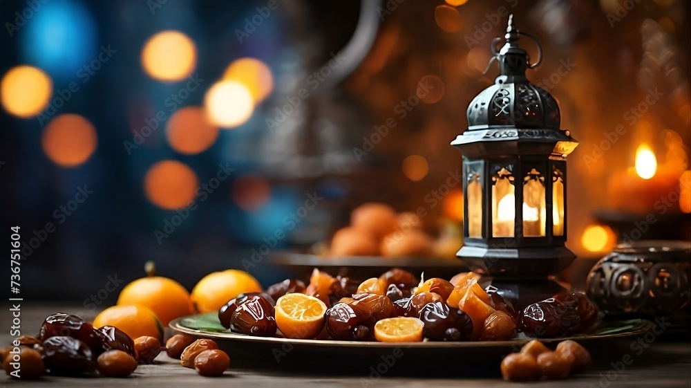 Fasting and Ramadan themed background, citrus fruits and dates on a ...