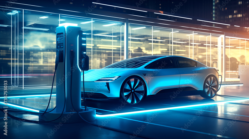 EV car in futuristic vehicle concept. Electric car charging station and ...