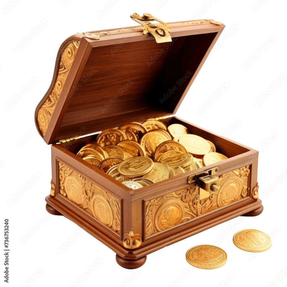 Open gold chest with Arabic ornament with a bunch of gold coins inside ...