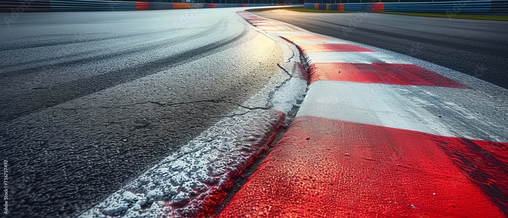 A section of the racetrack curves with a detailed red and white curb ...