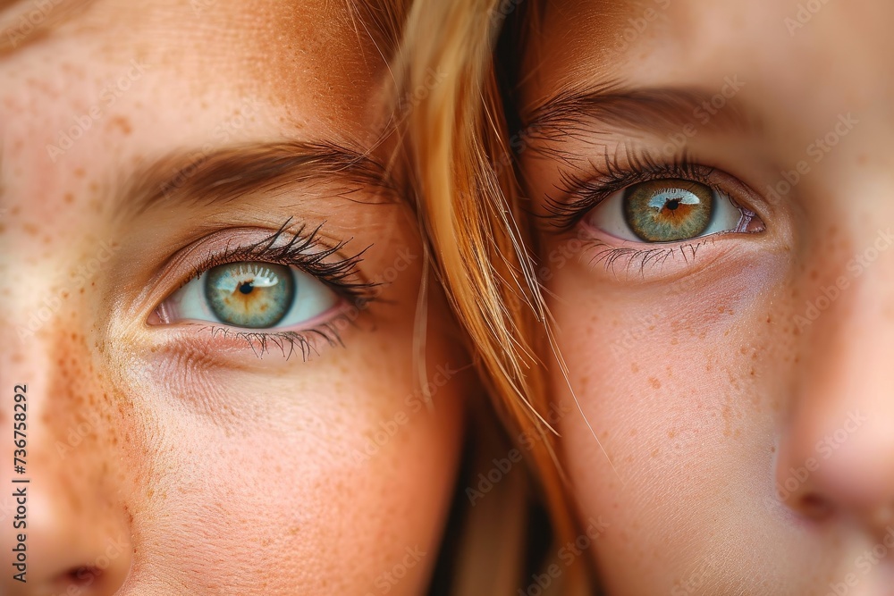 Detailed image focusing on the texture of freckled skin, auburn hair ...