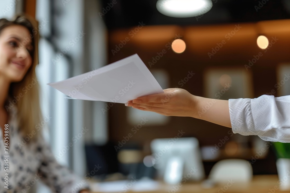 Person handing over papers from a close perspective, emphasizing the ...