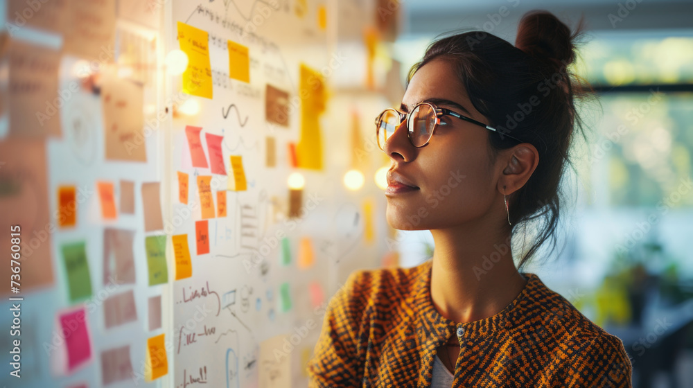 Brainstorming ideas with sketches and notes on whiteboards and sticky ...