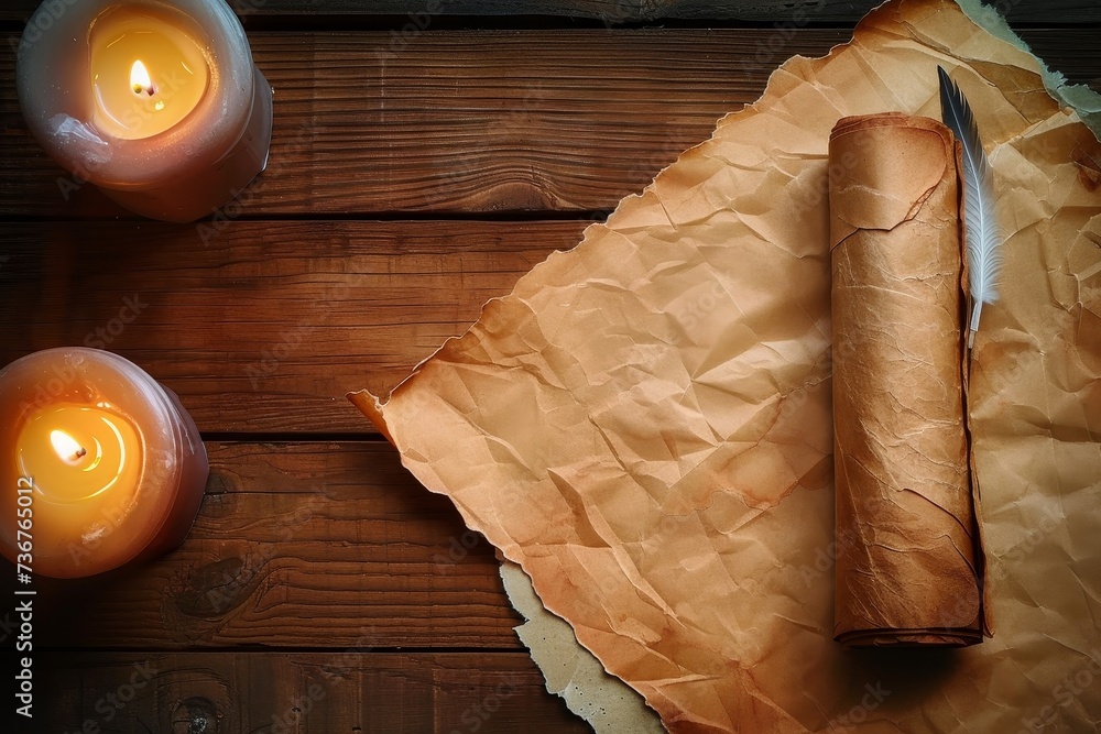 The image portrays a beautifully arranged vintage paper roll and quill ...
