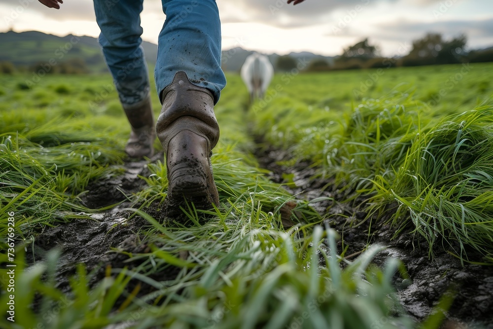 The image centers on someone's muddy boot steps in a green field ...