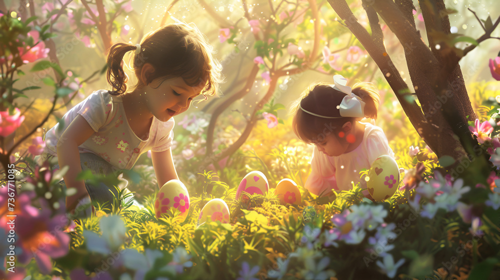 Easter Egg Hunt Children joyfully searching for hidden Easter eggs in a ...