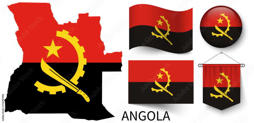 The various patterns of the Angola national flags and the map of Angola ...