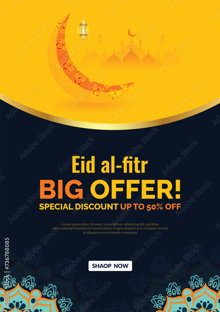 Eid Mubarak big sale offer poster or flyer design with yellow and blue ...