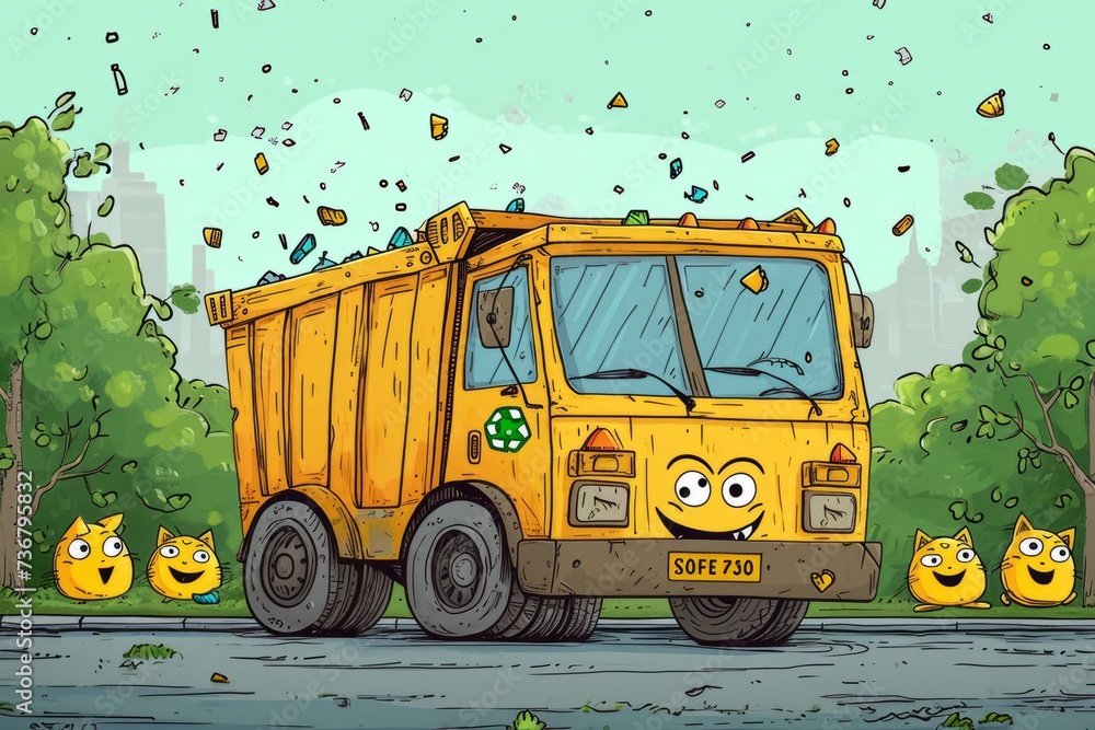 Cartoon cute doodles of a friendly garbage truck on its route, with ...