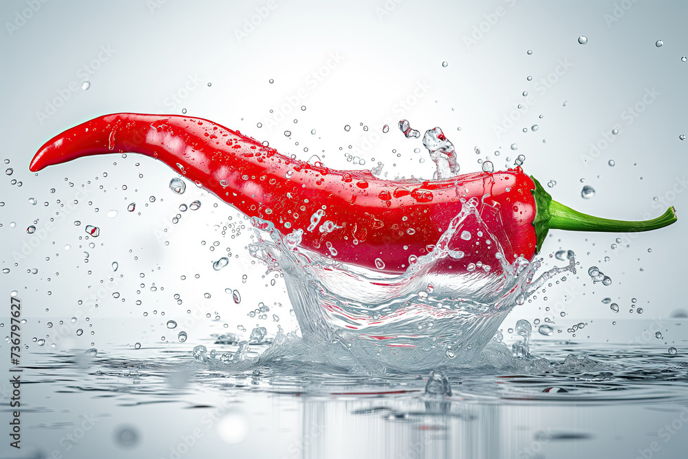 red chilli pepper flying with water splash isolated on white background ...