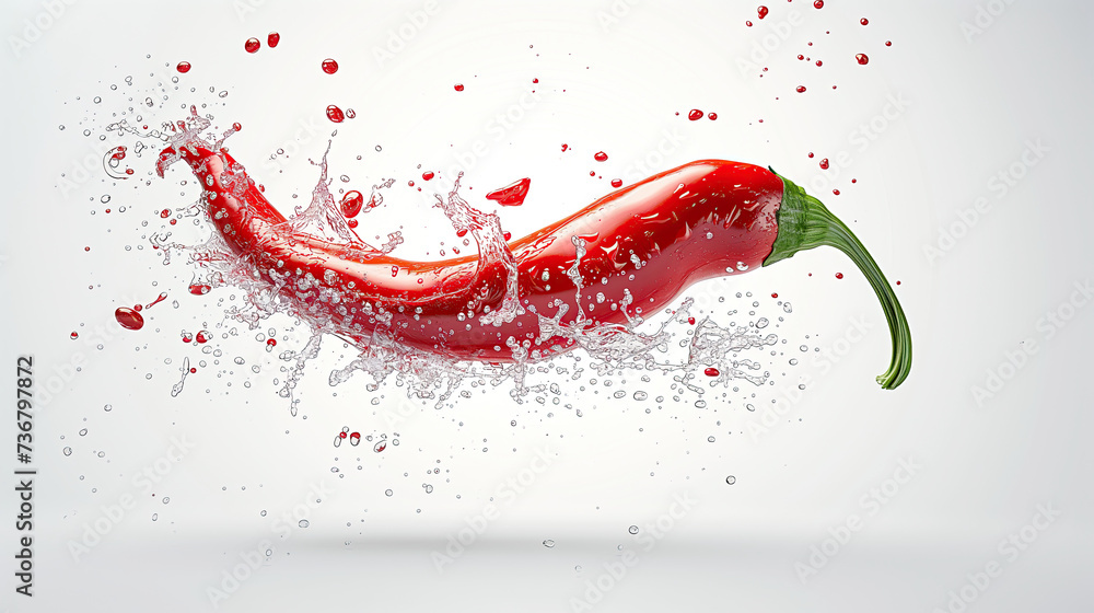 red chilli pepper flying with water splash isolated on white background ...
