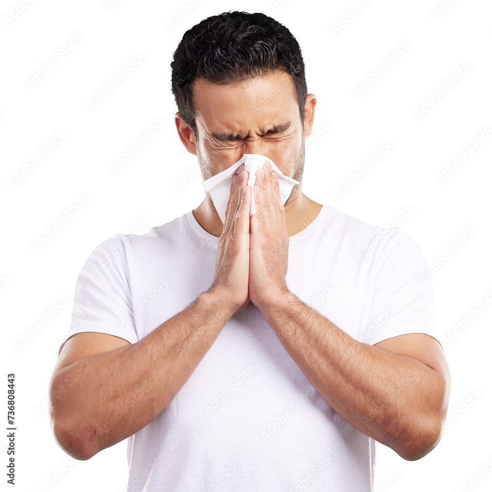 Man, blowing nose and sneezing for allergies, sick with influenza and ...