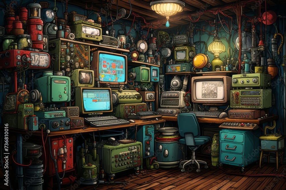 Picture a whimsical fusion of antiquated technology and animation with ...
