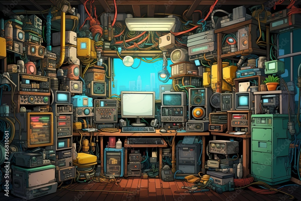 Picture a whimsical fusion of antiquated technology and animation with ...