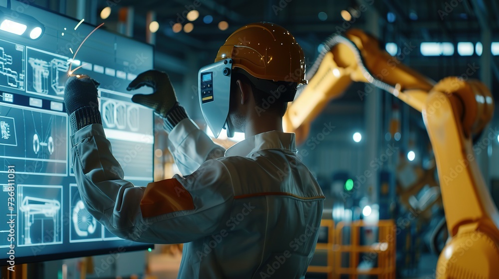 Engineer Manager Checking And Controling Automation Robot Arms Machine In Intelligent Factory