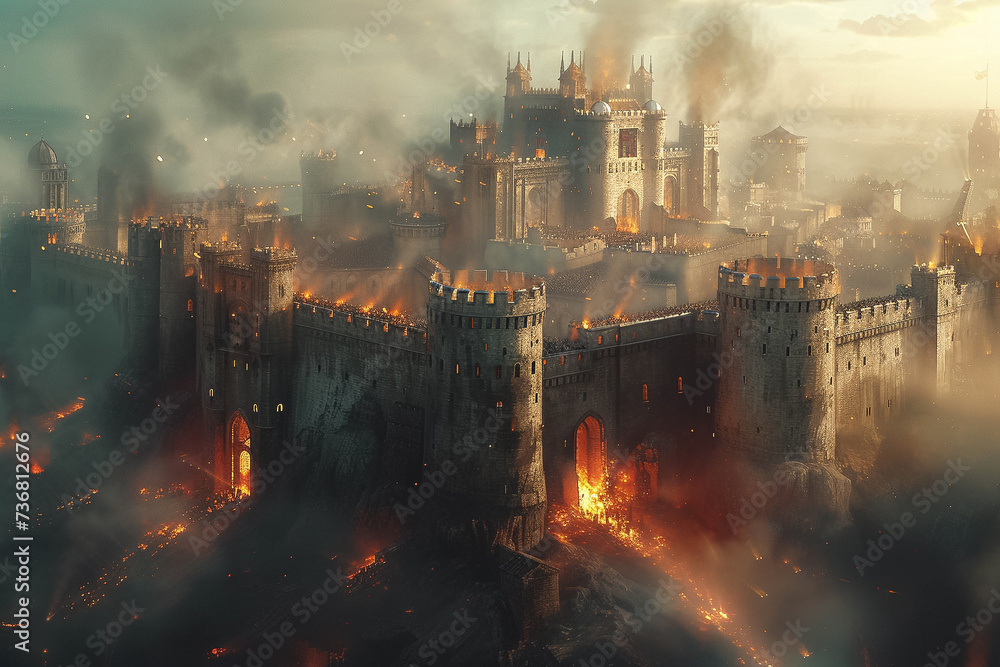 dramatic scene of a medieval castle under siege surrounded by besieging ...