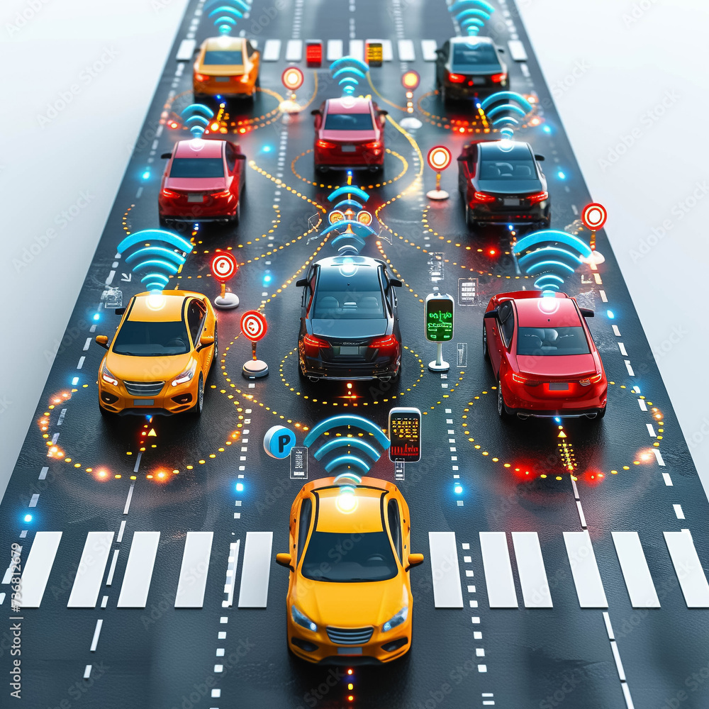 image of a fleet of smart cars in a highly connected smart city Show ...