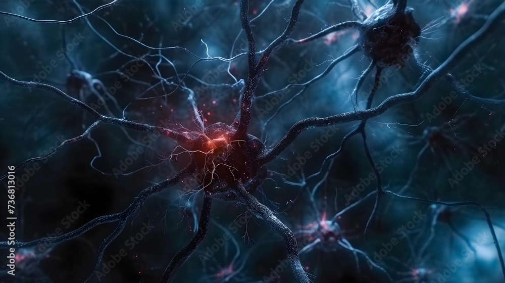Close-up visualization of a neural synapse with electrical impulses in a neural network ...