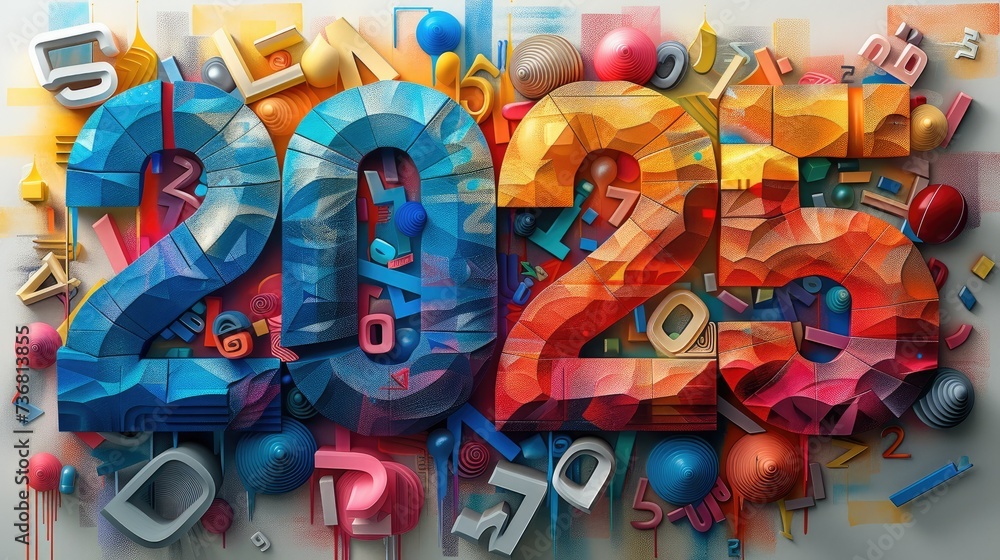 Colorful numbered year "2025" in a rainbow of colors, in the style of ...