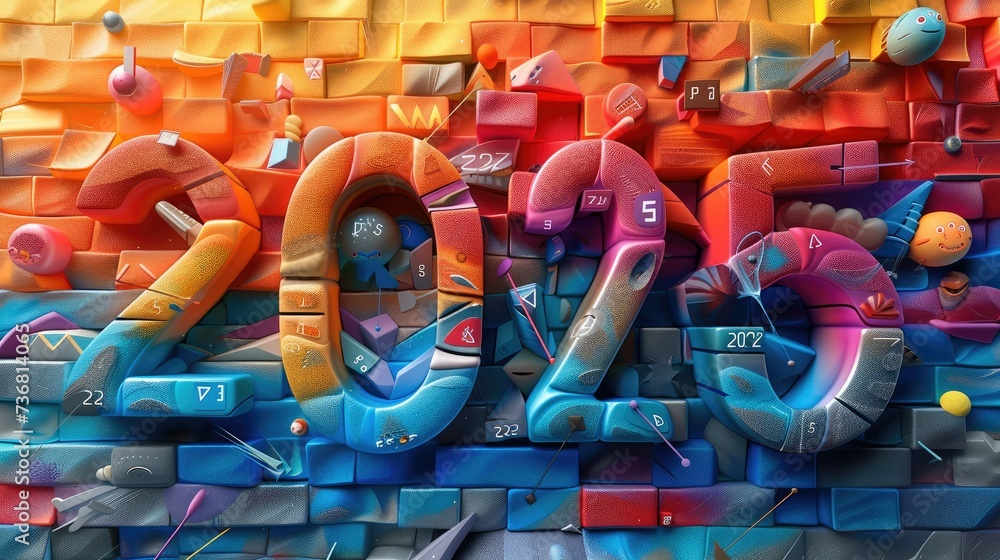 Colorful numbered year "2025" in a rainbow of colors, in the style of ...