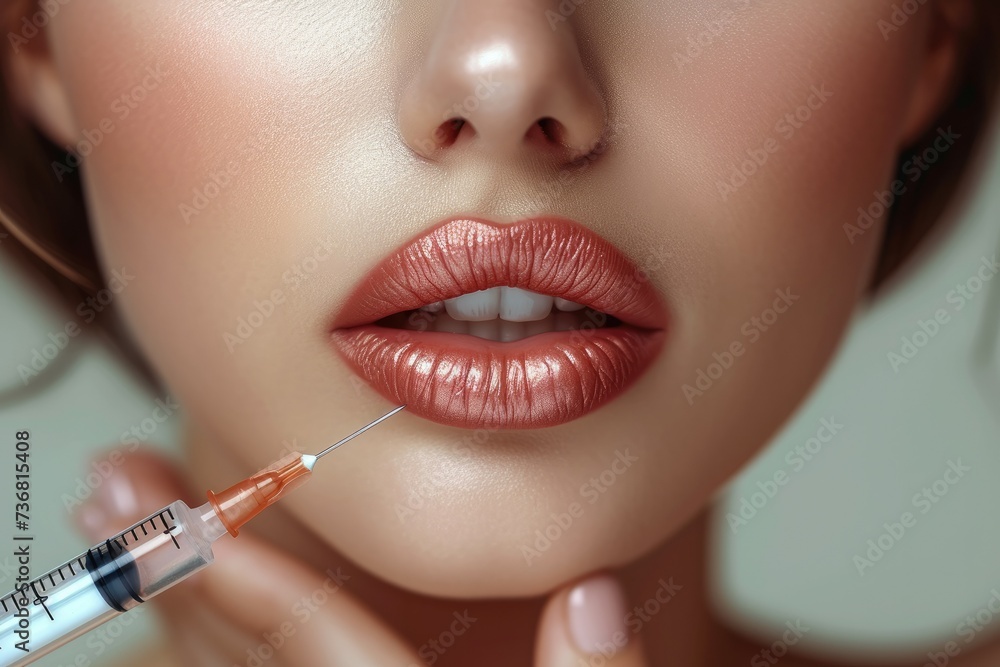 Cropped sensual female lips, procedure lip augmentation, Syringe near ...